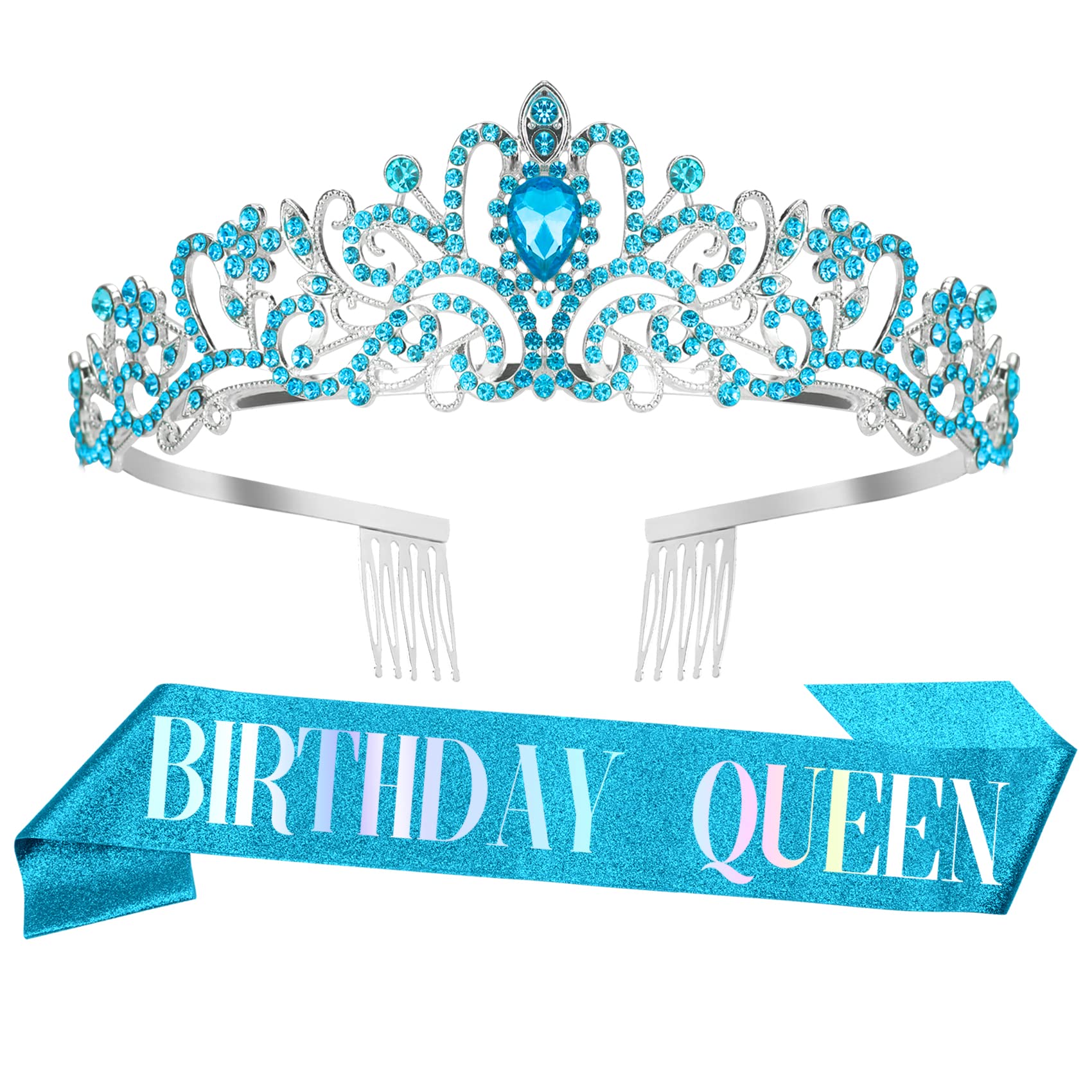 Birthday Crown for Girls Sky Blue Tiara Sash Gifts for Womens Birthday Rhinestone Crystal Headband Princess Queen Crown Happy Birthday Decorations Birthday Gift Ideas Birthday Accessories Gifts…