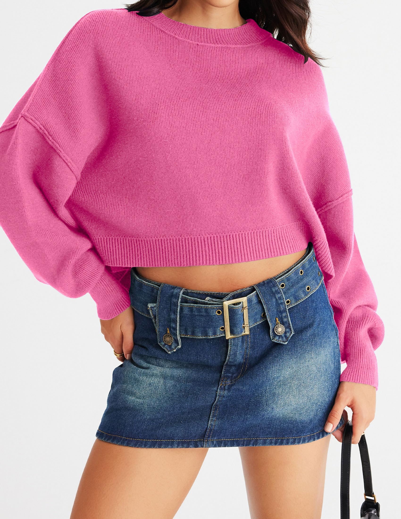 MEROKEETY Oversized Cropped Sweaters for Women Fall 2025 Trendy Crewneck Batwing Sleeve Knit Tops Side Slit Pullover Sweater Jumper HotPink Small