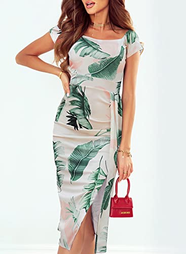 Dearlove Women's Casual Off The Shoulder Floral Print High Slit Evening Party Bridemaid Wedding Dress White Maternity XL