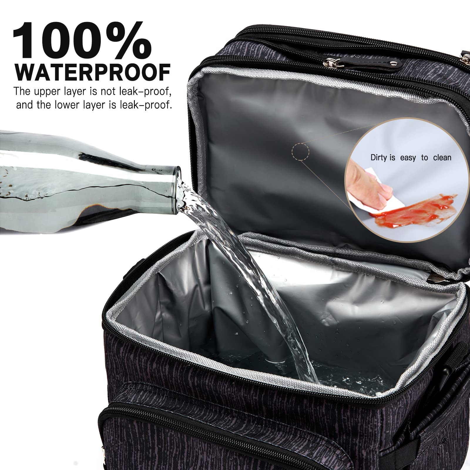 UMUFUKA Men's Double Compartment Lunch Bag, Insulated Lunch Cooler Tote 2 Roomy Large Reusable Water-resistant Lunch Box (Black)