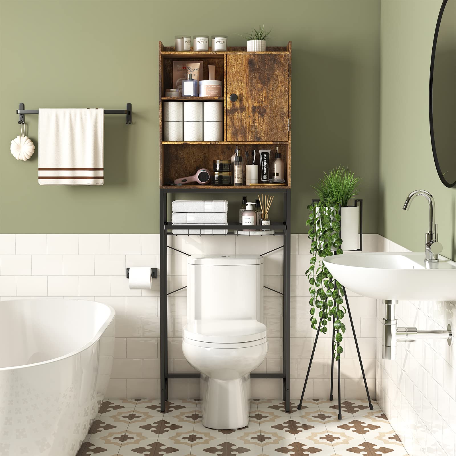 Lifewit Over The Toilet Storage Cabinet, Bathroom Organizer Shelves Over Toilet Storage, Freestanding Bathroom Rack Space Saver with Adjustable Shelves, Light Brown