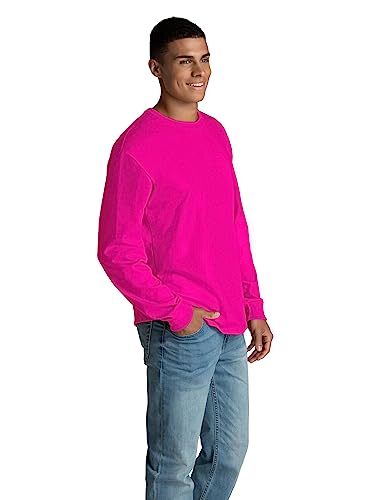 Fruit of the Loom Men's Eversoft Cotton T Shirts, Breathable & Moisture Wicking with Odor Control, Long Sleeve-Cyber Pink