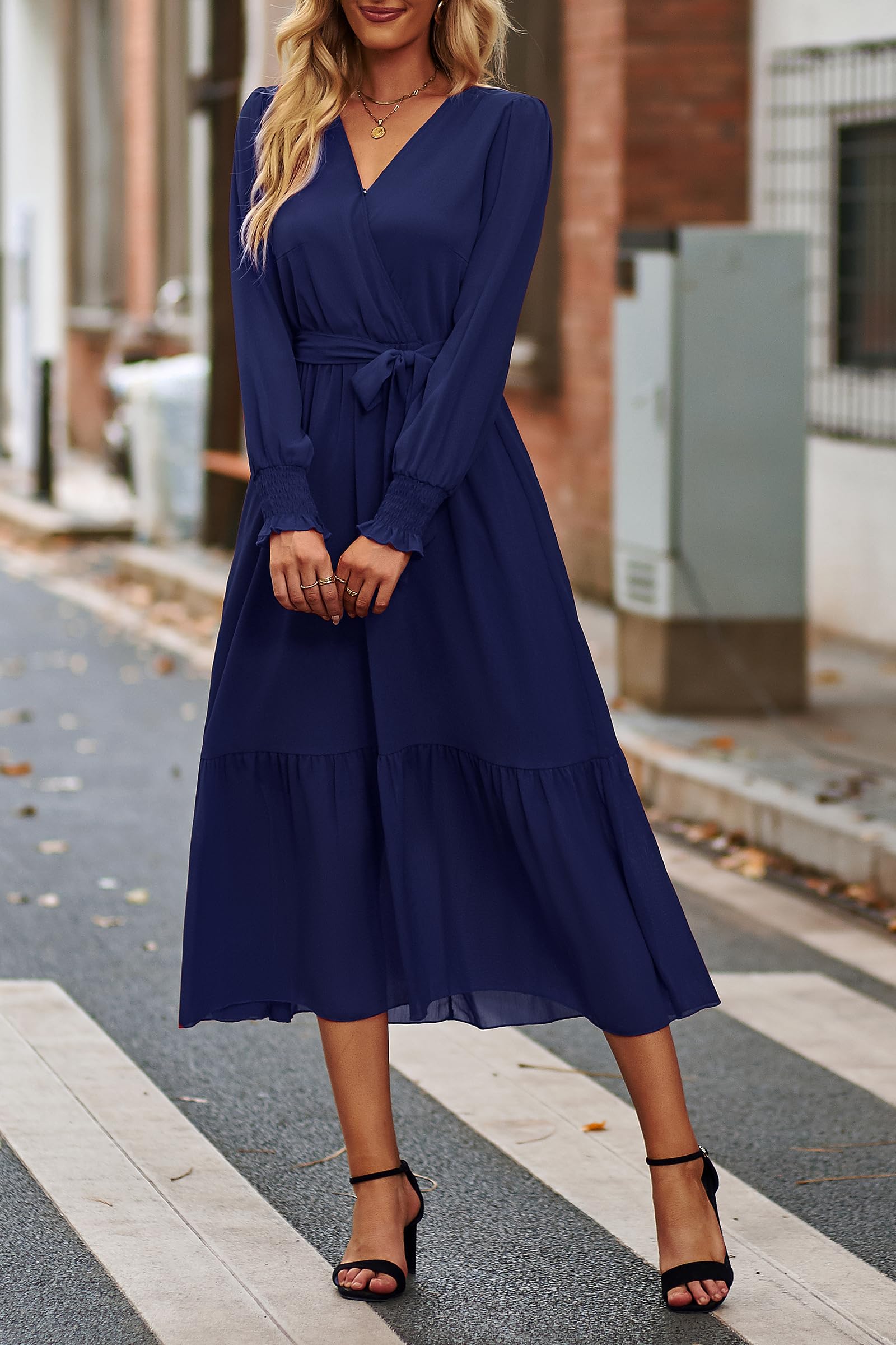 PRETTYGARDEN Women's Floral Print Boho Dress Long Sleeve Wrap V Neck Ruffle Belted A-Line Flowy Maxi Dresses (Solid Navy,X-Large)