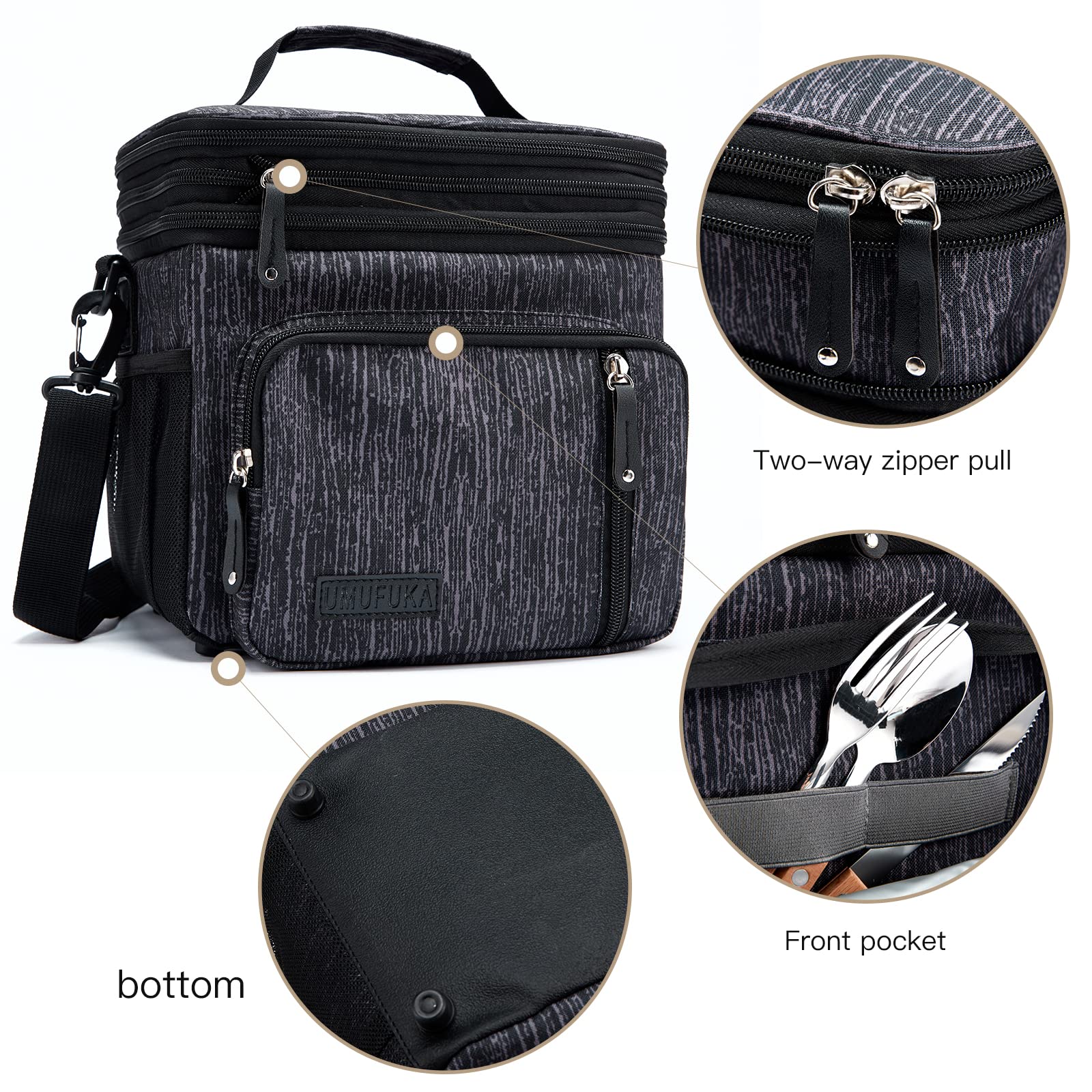 UMUFUKA Men's Double Compartment Lunch Bag, Insulated Lunch Cooler Tote 2 Roomy Large Reusable Water-resistant Lunch Box (Black)