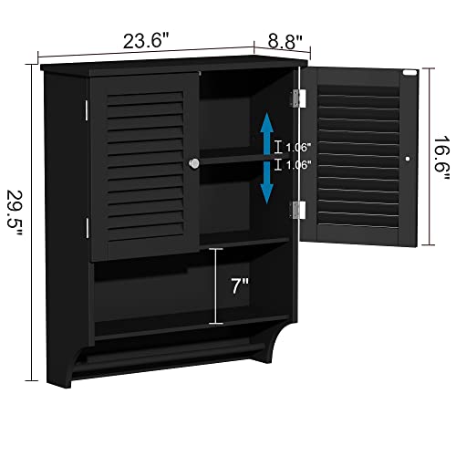 ChooChoo Bathroom Wall Cabinet with Towels Bar, 23.6" L x8.9 W x29.3 H MDF Material Medicine Cabinet, 2 Doors Over The Toilet Space Saver Storage Cabinet with Large Space, Black