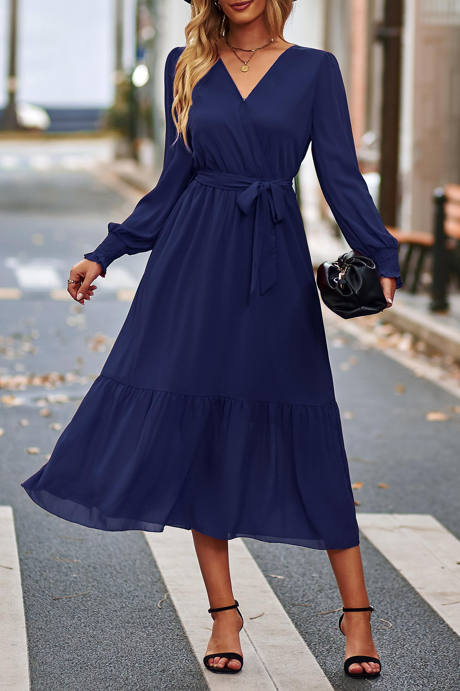 PRETTYGARDEN Women's Floral Print Boho Dress Long Sleeve Wrap V Neck Ruffle Belted A-Line Flowy Maxi Dresses (Solid Navy,X-Large)