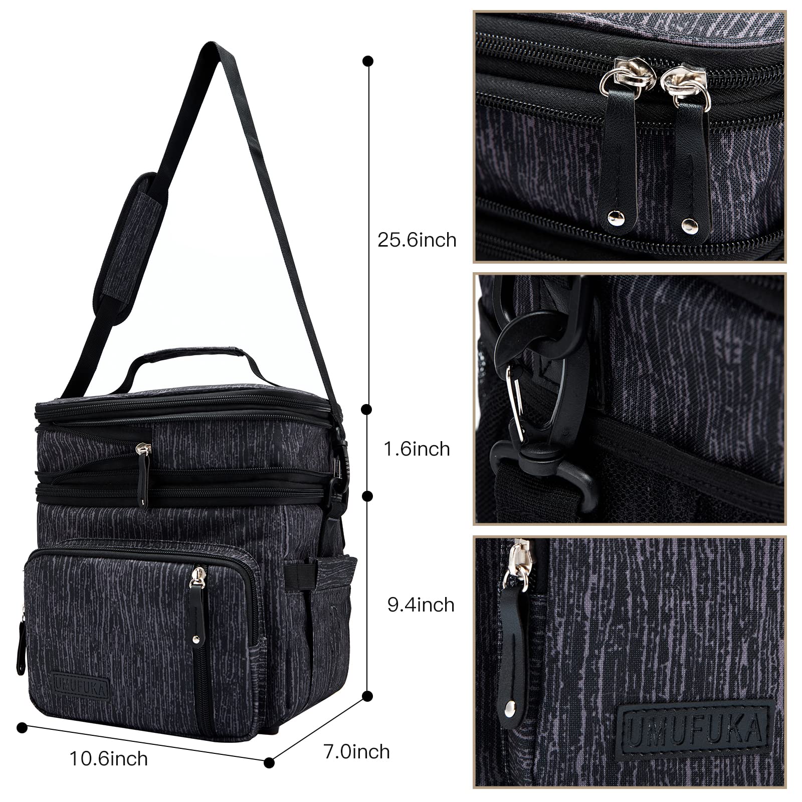 UMUFUKA Men's Double Compartment Lunch Bag, Insulated Lunch Cooler Tote 2 Roomy Large Reusable Water-resistant Lunch Box (Black)