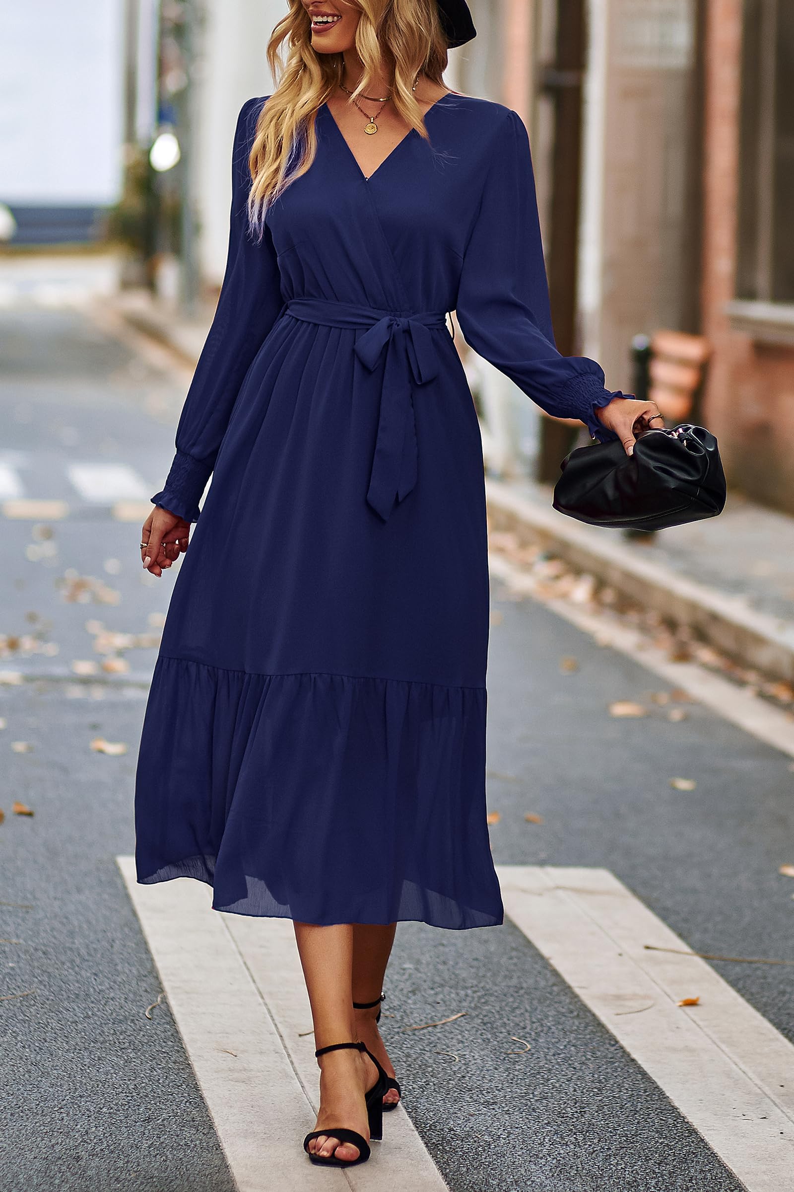 PRETTYGARDEN Women's Floral Print Boho Dress Long Sleeve Wrap V Neck Ruffle Belted A-Line Flowy Maxi Dresses (Solid Navy,X-Large)