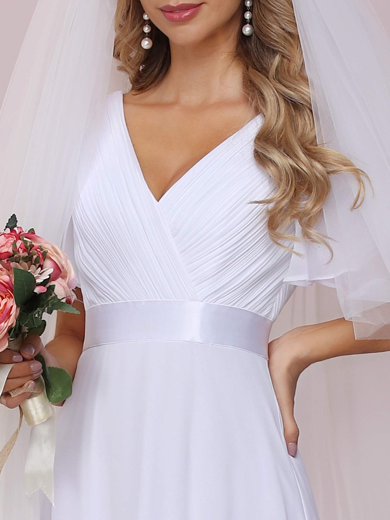 Ever-Pretty Women's Classic Chiffon Short Sleeve Pleated V-Neck Floor Length Bridesmaid Dresses White US14