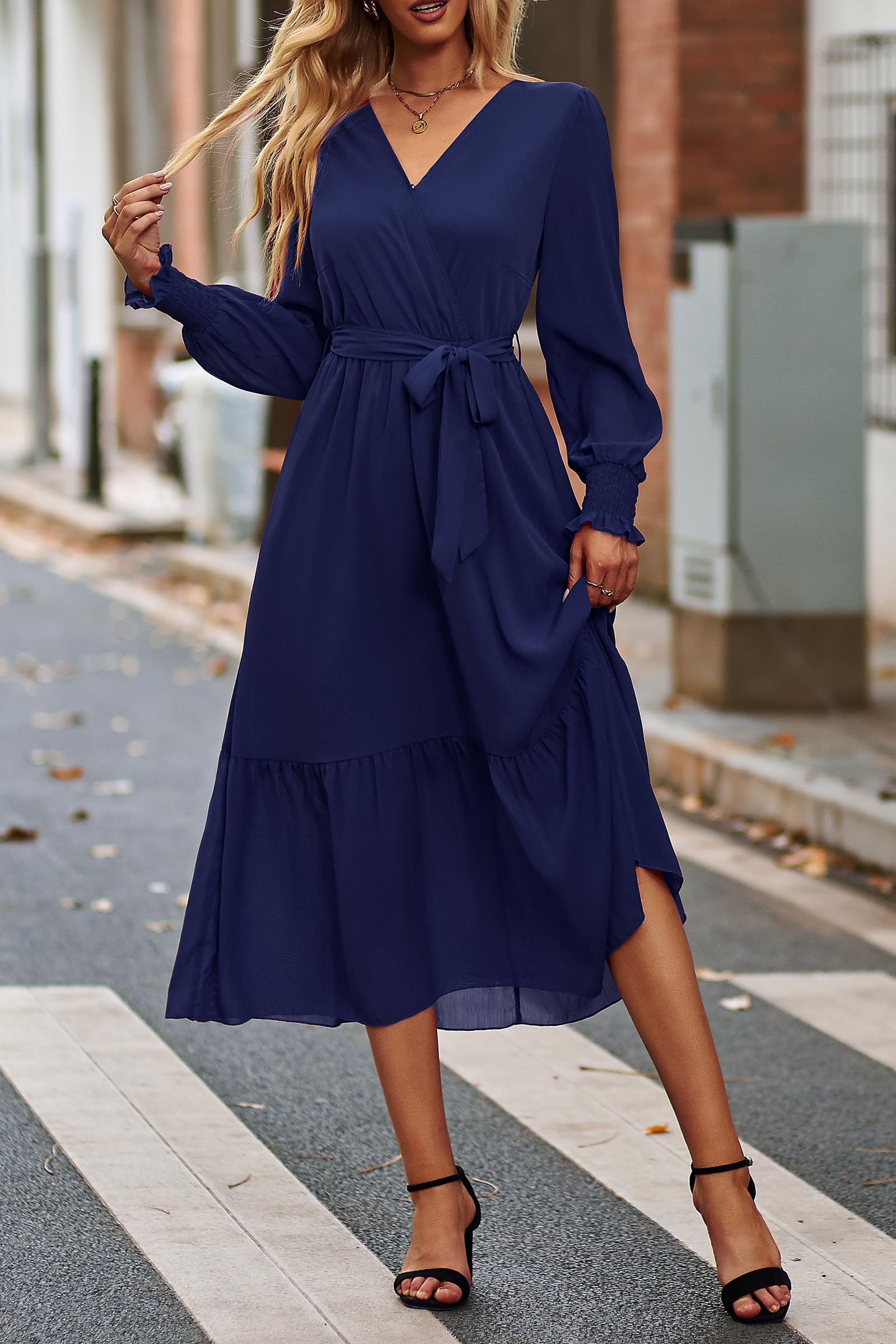PRETTYGARDEN Women's Floral Print Boho Dress Long Sleeve Wrap V Neck Ruffle Belted A-Line Flowy Maxi Dresses (Solid Navy,X-Large)