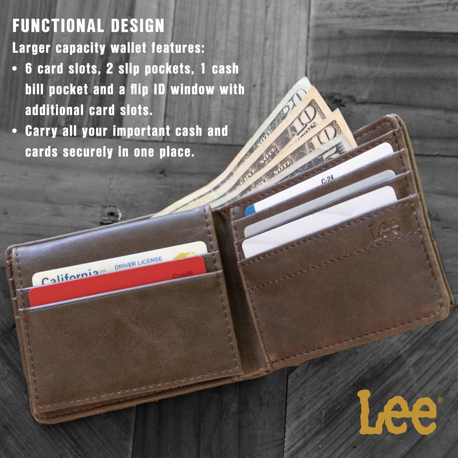 Lee Men’s Bifold Extra Capacity Wallet Casual Everyday Minimalist Cash and Card Holder with Flip ID Window Pass Case (Brown)