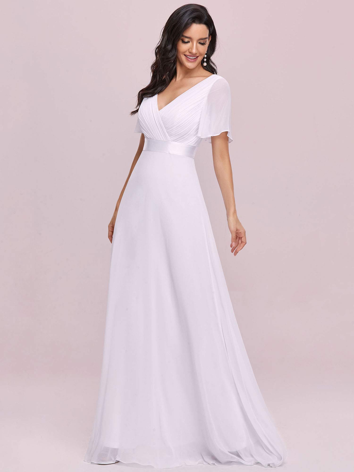 Ever-Pretty Women's Classic Chiffon Short Sleeve Pleated V-Neck Floor Length Bridesmaid Dresses White US14