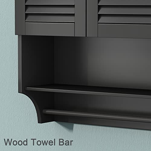 ChooChoo Bathroom Wall Cabinet with Towels Bar, 23.6" L x8.9 W x29.3 H MDF Material Medicine Cabinet, 2 Doors Over The Toilet Space Saver Storage Cabinet with Large Space, Black