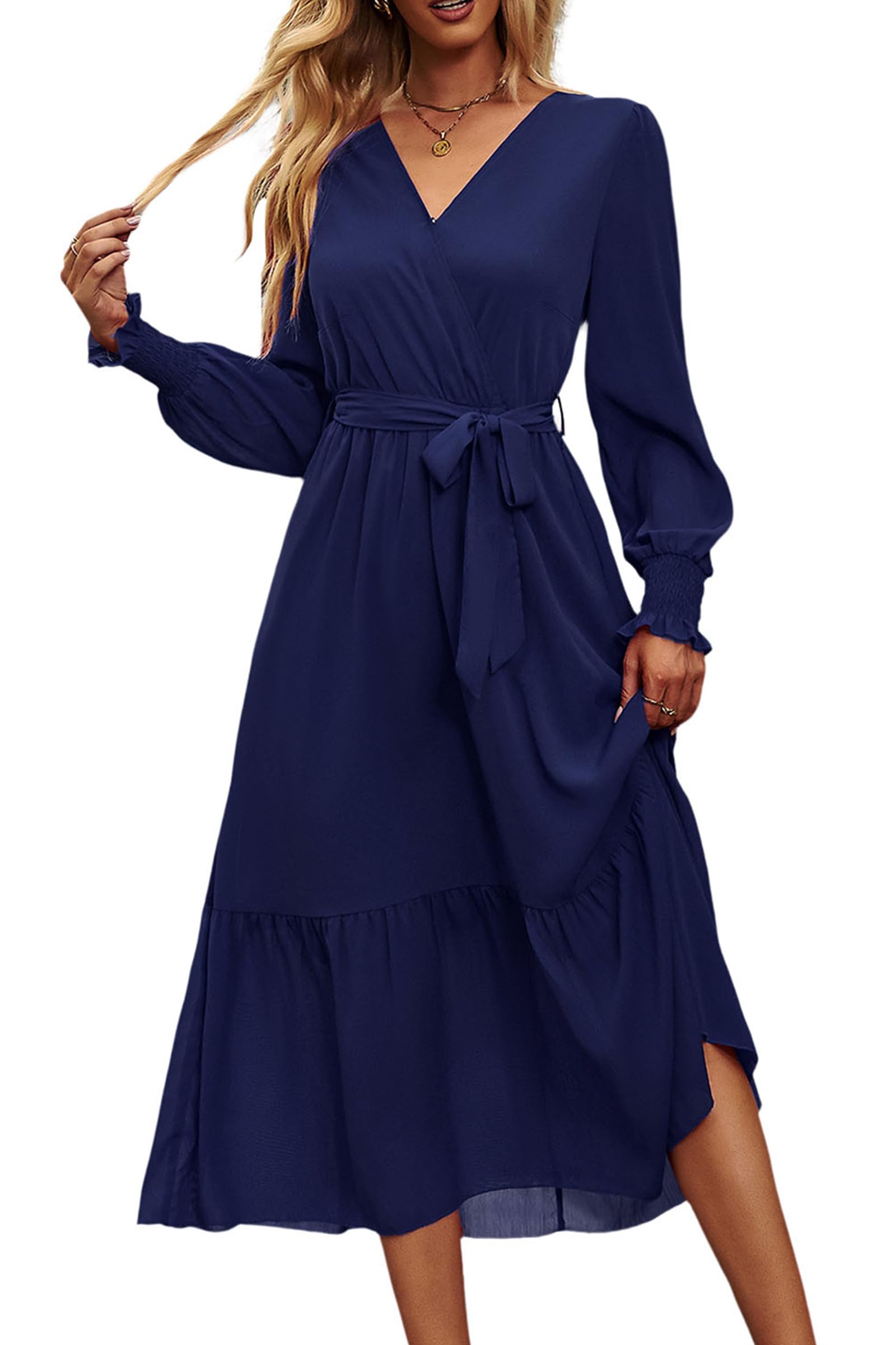 PRETTYGARDEN Women's Floral Print Boho Dress Long Sleeve Wrap V Neck Ruffle Belted A-Line Flowy Maxi Dresses (Solid Navy,X-Large)