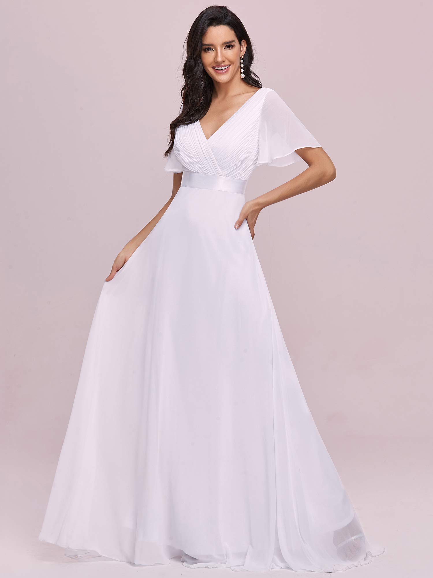 Ever-Pretty Women's Classic Chiffon Short Sleeve Pleated V-Neck Floor Length Bridesmaid Dresses White US14