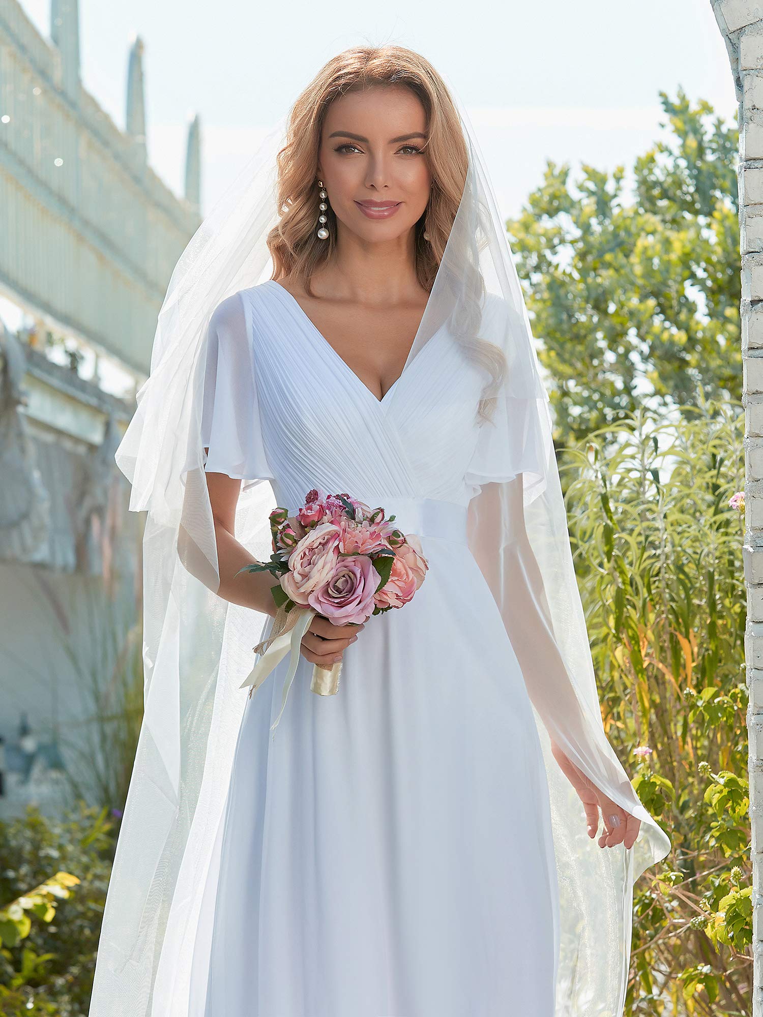 Ever-Pretty Women's Classic Chiffon Short Sleeve Pleated V-Neck Floor Length Bridesmaid Dresses White US14