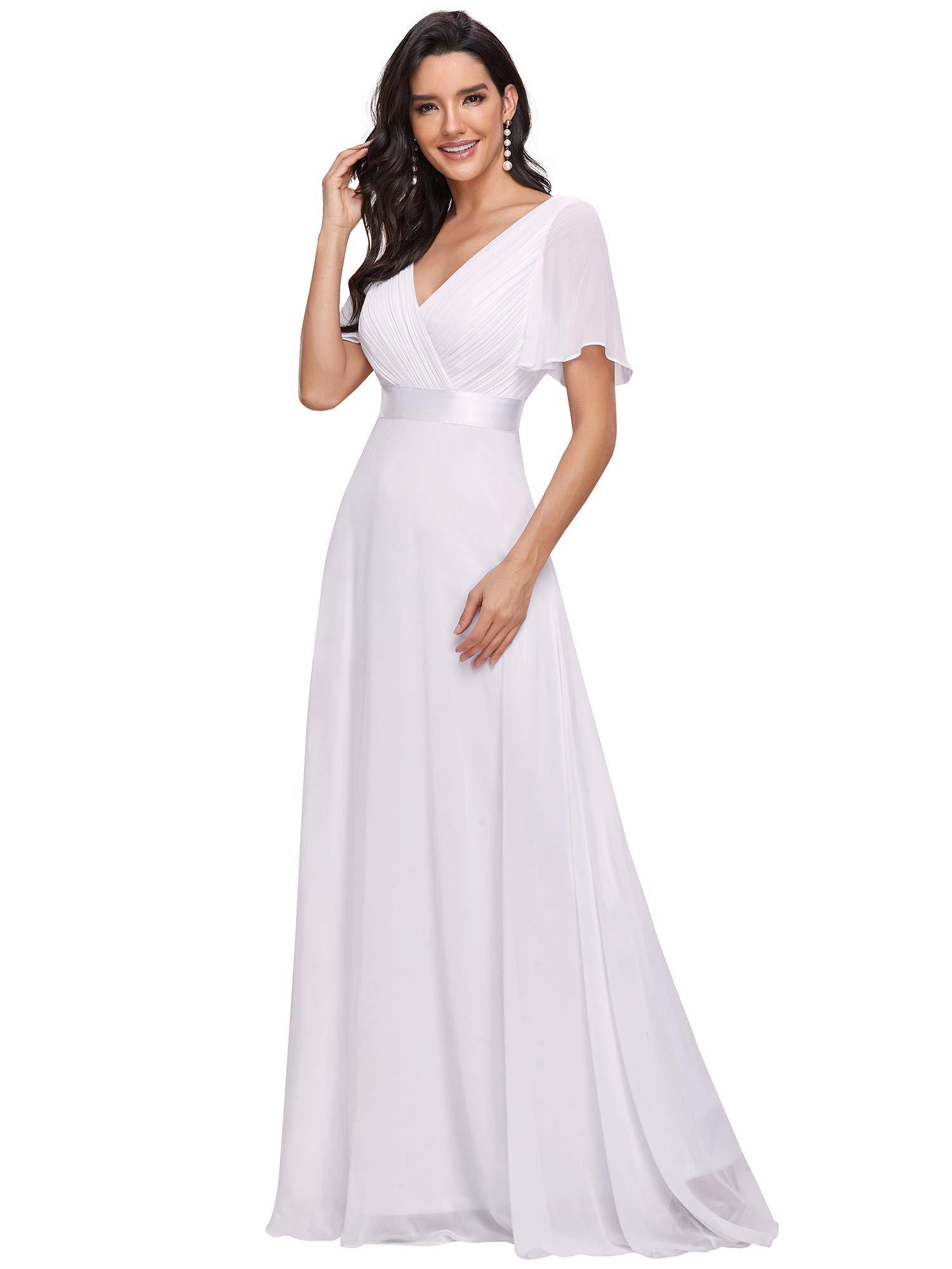 Ever-Pretty Women's Classic Chiffon Short Sleeve Pleated V-Neck Floor Length Bridesmaid Dresses White US14