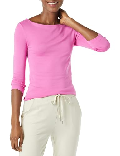 Amazon Essentials Women's Slim-Fit 3/4 Sleeve Boat Neck T-Shirt, Bright Pink, Large