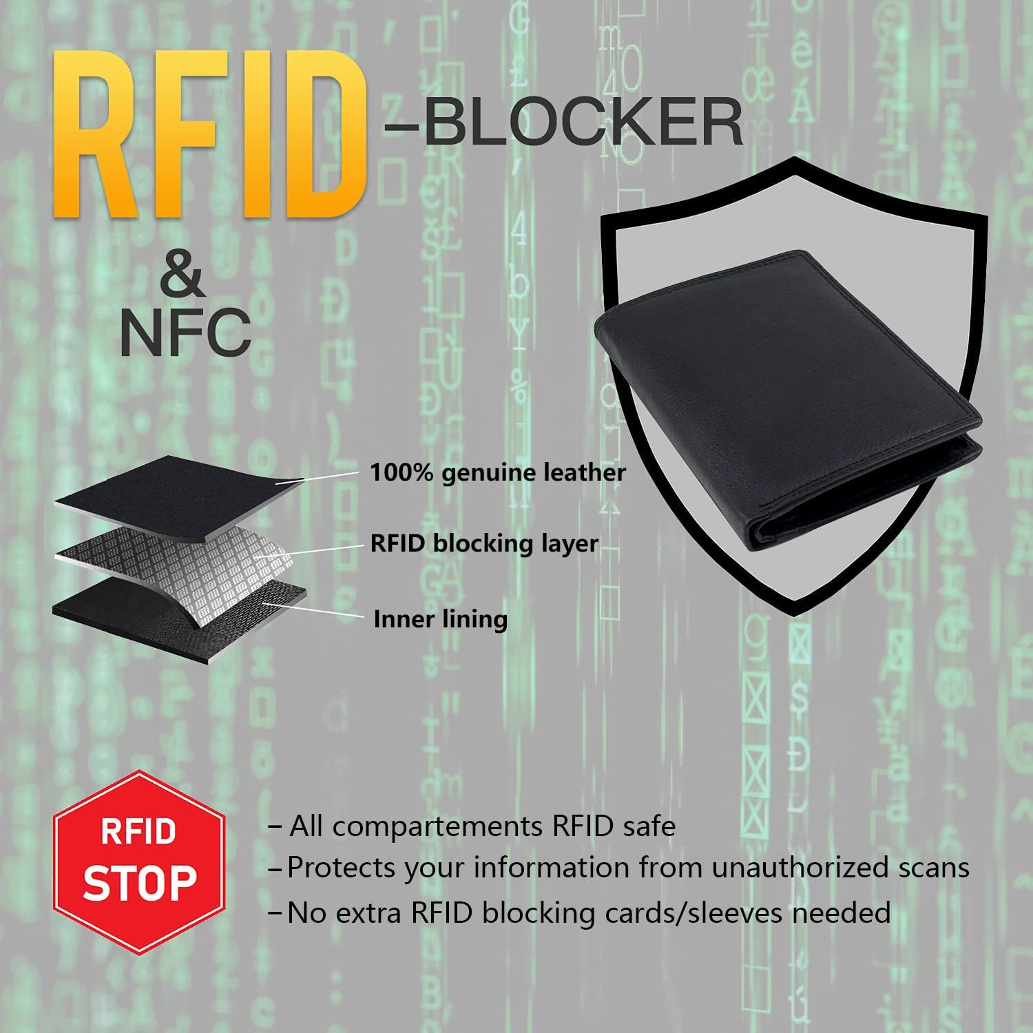 Frentree Mens Nappa Leather Wallet, 12 card slots Trifold with RFID Protection, landscape format Billfold, Black
