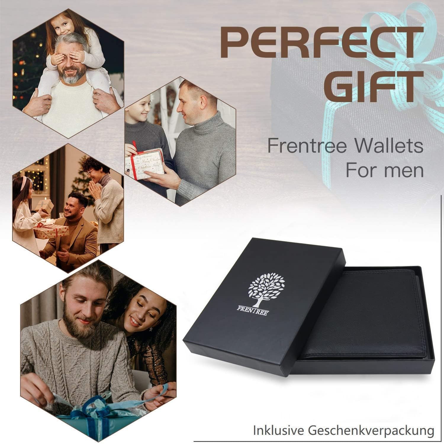 Frentree Mens Nappa Leather Wallet, 12 card slots Trifold with RFID Protection, landscape format Billfold, Black