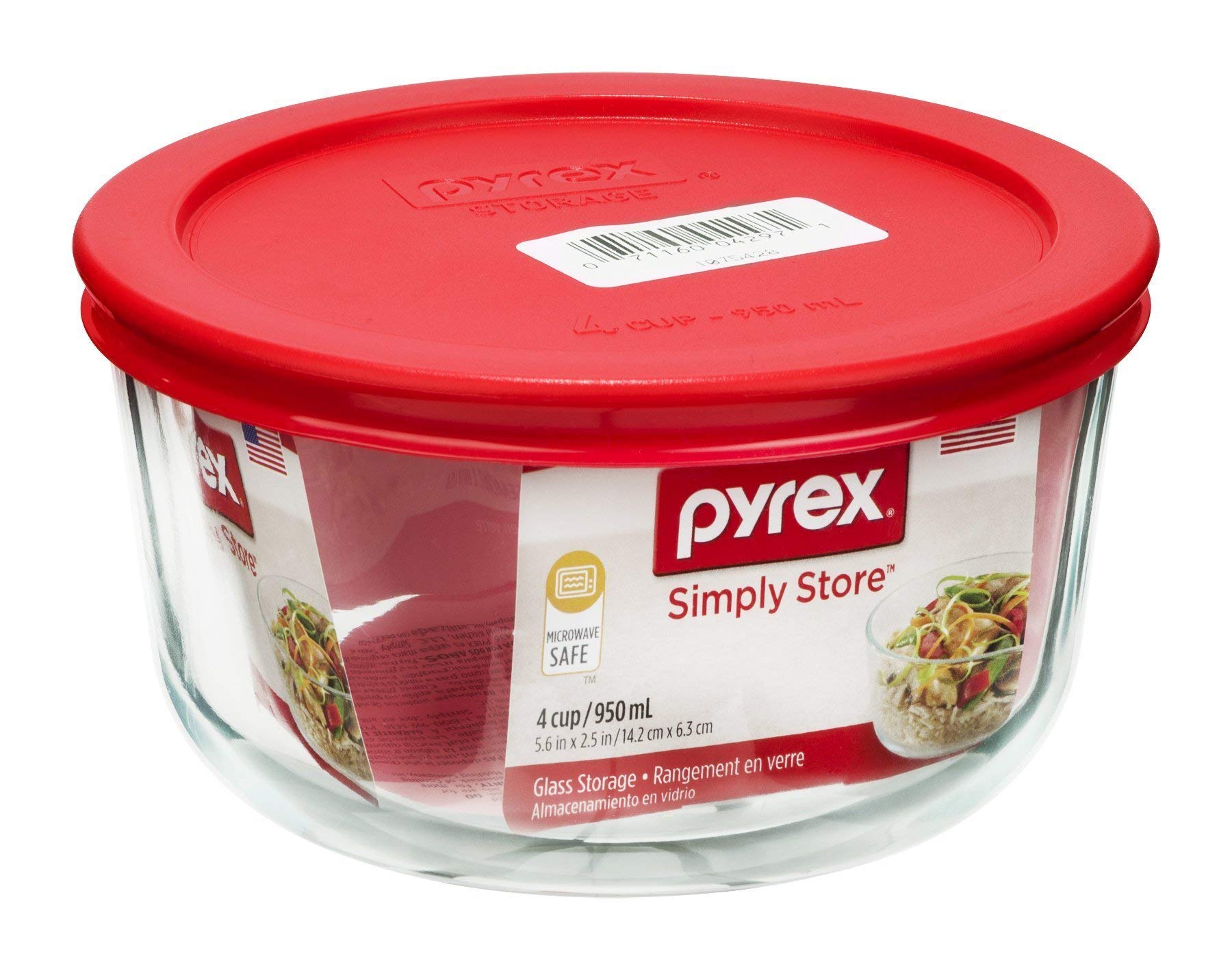 Pyrex Simply Store 4-Cup Single Glass Food Storage Container with Lid, Non-Pourous Glass Round Meal Prep Container with Lid, BPA-Free Lid, Dishwasher, Microwave, Oven and Freezer Safe
