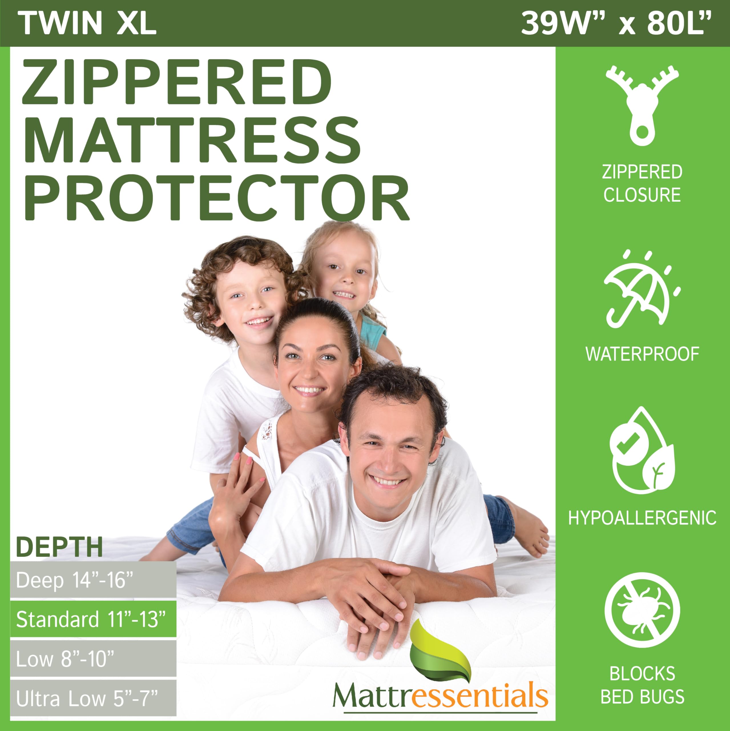 Zippered Twin XL Mattress Protector (11"-14" Depth) - Bed Bug Waterproof Mattress Cover, Premium Quality Hypoallergenic Encasement White