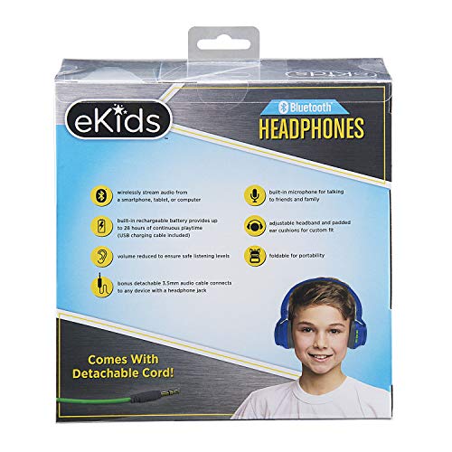 eKids Wireless Bluetooth Kids Headphones with Microphone, Portable Volume Reduced to Protect Hearing Rechargeable Battery, Adjustable Kids Headband for School Home or Travel Blue