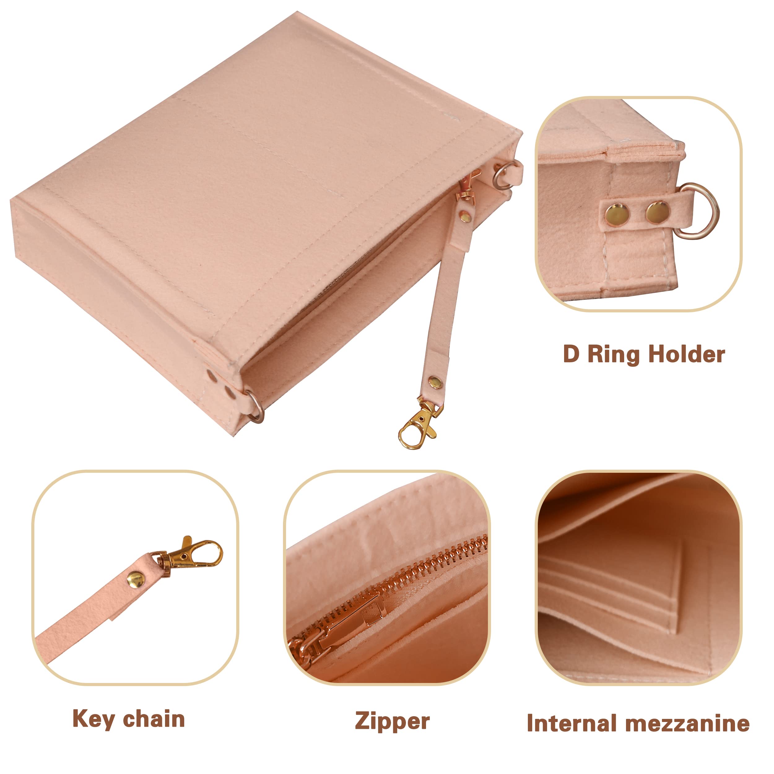 MISIXILE Felt Purse Insert Organizer with Zipper And Gold Buckles,Handbag Organiser Insert fits Toiletry Pouch 19 26(Pink-S)