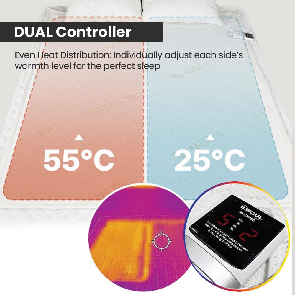 ILWOUL Heated Mattress Pad Heating pad Machine Washable, Auto 15 Hours Shut Off, 5 Heating Setting, Radiation Blocking, Tencel Material, Bed Warmer with Dual Controller, UL Listed (Double)