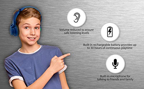 eKids Wireless Bluetooth Kids Headphones with Microphone, Portable Volume Reduced to Protect Hearing Rechargeable Battery, Adjustable Kids Headband for School Home or Travel Blue