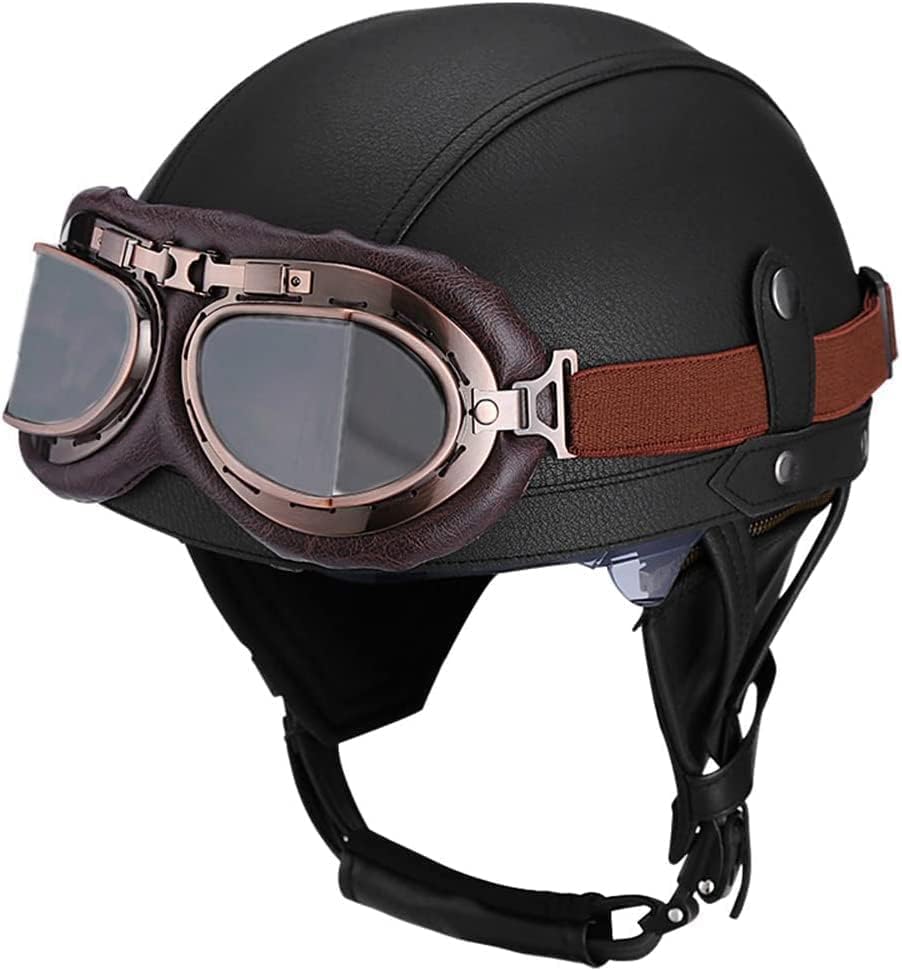 Motorcycle Helmet, Retro Leather Thin Skull Cap Half Helmet for Adult Men Women, Vintage Open Face Novelty Half Shell Helmet for Cruiser Scooter Chopper, DOT Approved (Black, M)