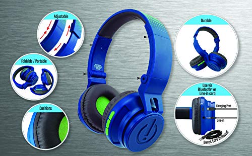 eKids Wireless Bluetooth Kids Headphones with Microphone, Portable Volume Reduced to Protect Hearing Rechargeable Battery, Adjustable Kids Headband for School Home or Travel Blue