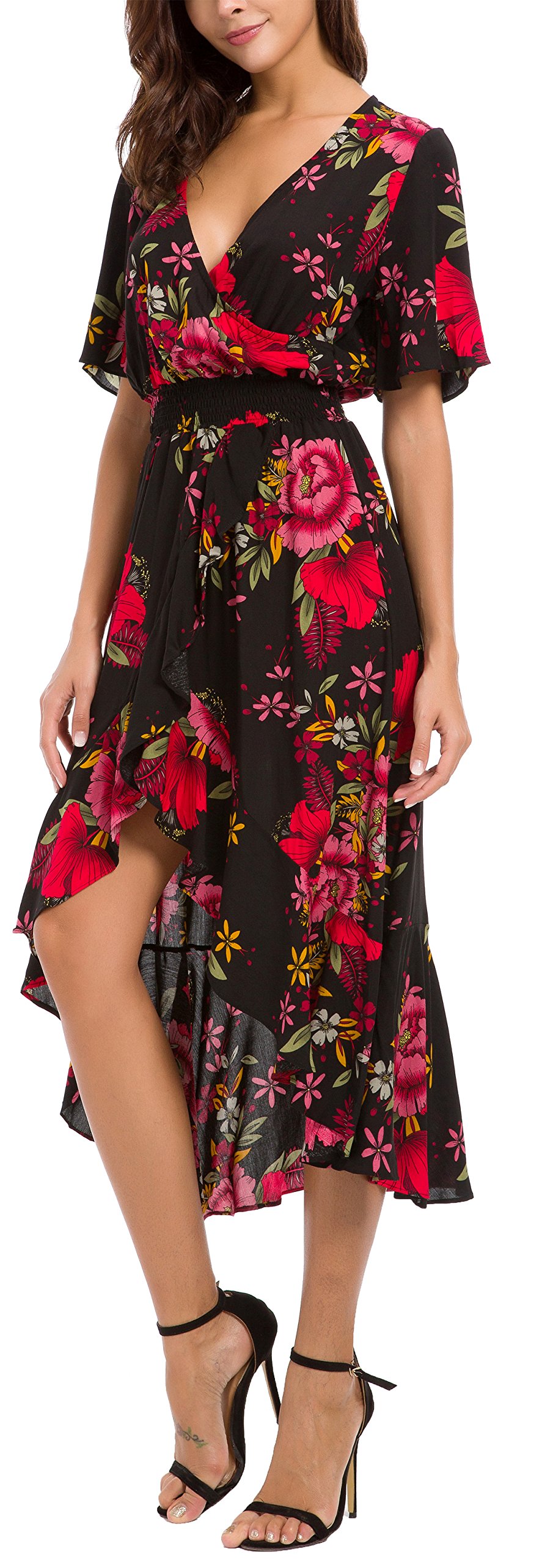 Kormei Womens Short Sleeve Floral High Low V-Neck Flowy Party Long Maxi Dress M Black&Red
