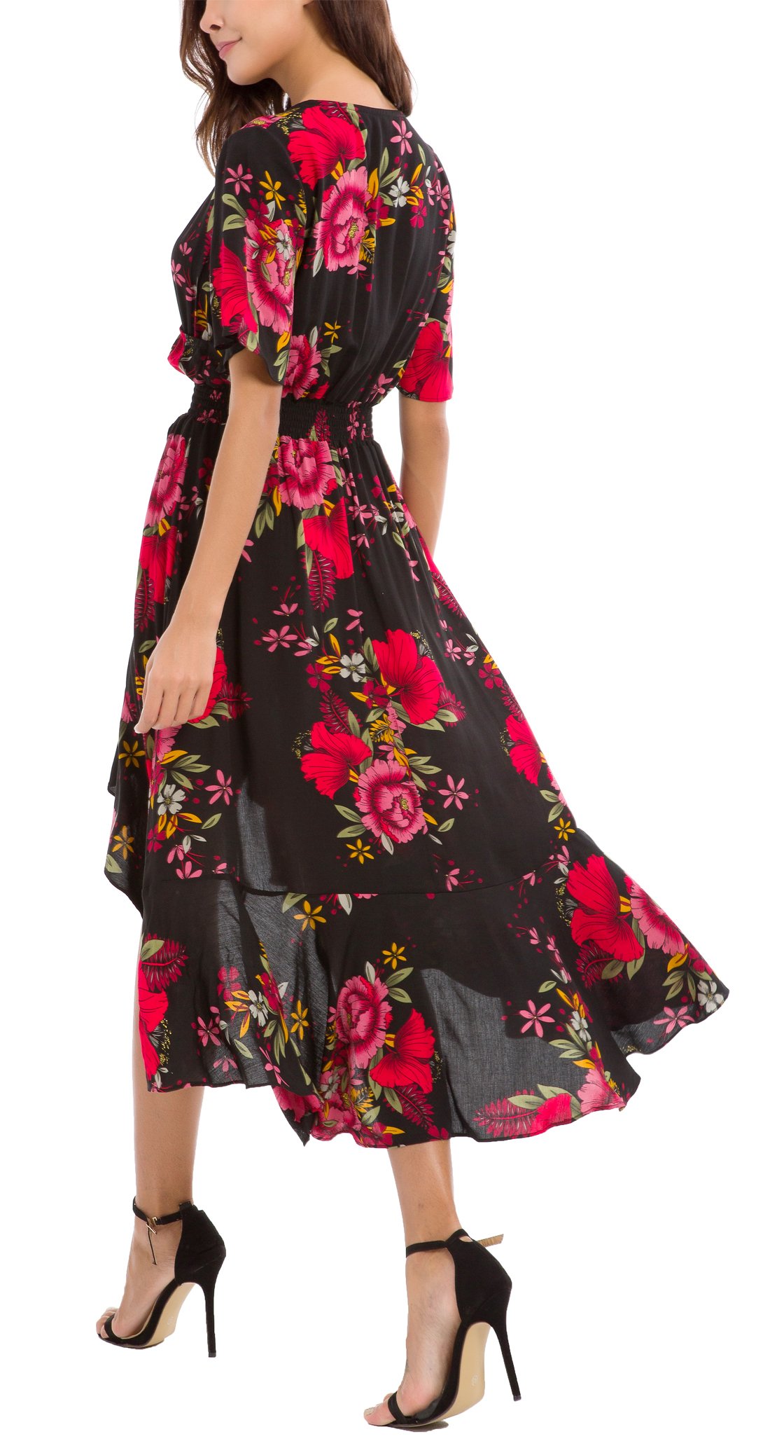 Kormei Womens Short Sleeve Floral High Low V-Neck Flowy Party Long Maxi Dress M Black&Red