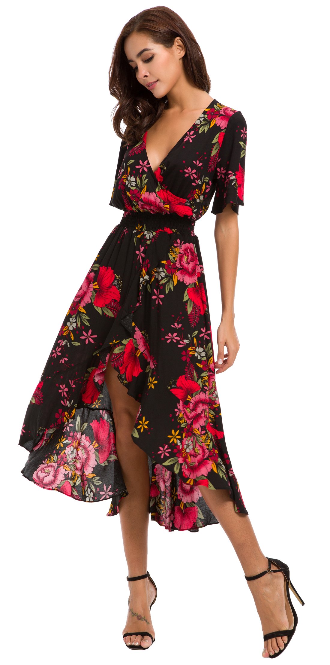 Kormei Womens Short Sleeve Floral High Low V-Neck Flowy Party Long Maxi Dress M Black&Red
