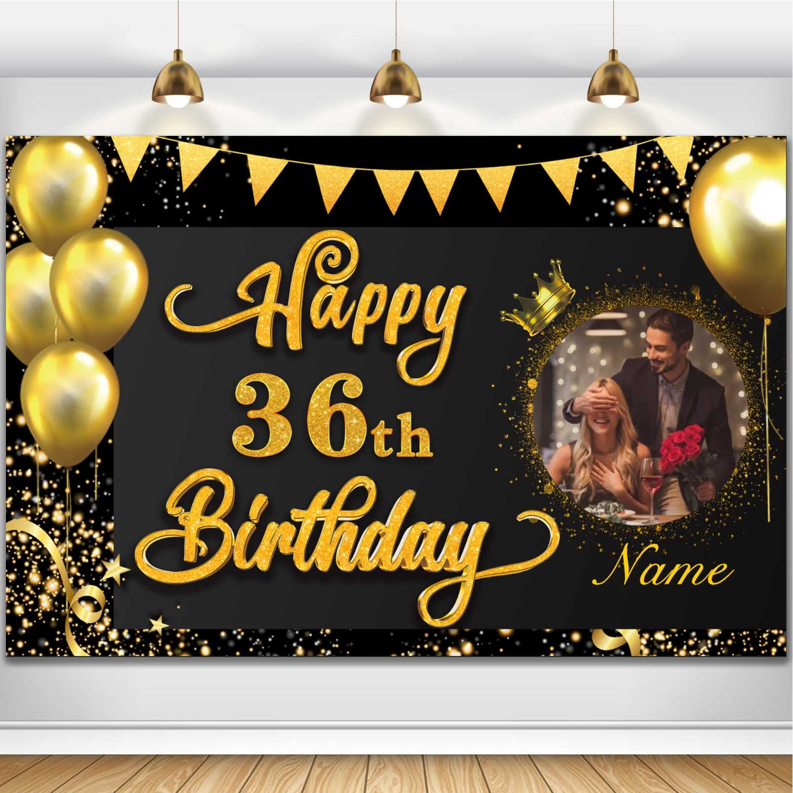 Custom Happy 36th Birthday Decorations Banner -36 Years Old Birthday Decorations Backdrop for Women Men Boys Girls - Personalization Happy 36th Birthday Party Decorations Supplies - Black and Gold