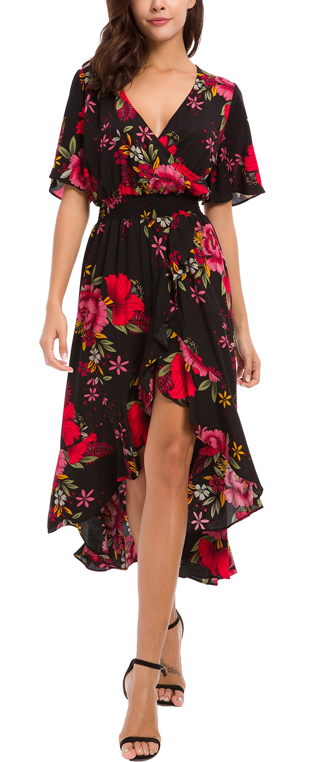 Kormei Womens Short Sleeve Floral High Low V-Neck Flowy Party Long Maxi Dress M Black&Red