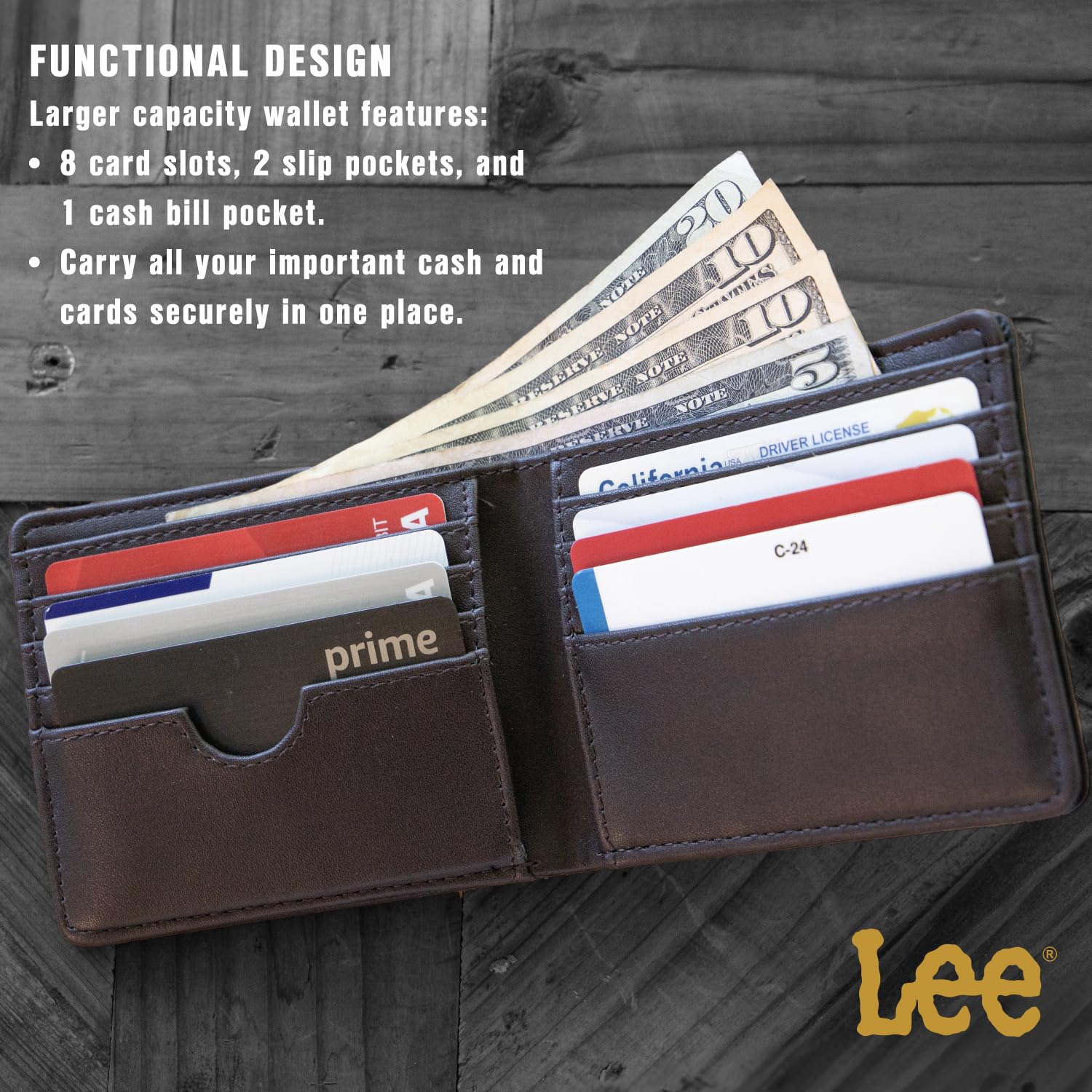 Lee Men’s Classic Slim Bifold Wallet Casual Everyday Minimalist Cash and Card Holder (Black)