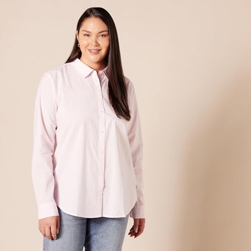 Amazon Essentials Women's Classic-Fit Long-Sleeve Button-Down Poplin Shirt, Pink Stripe, Large