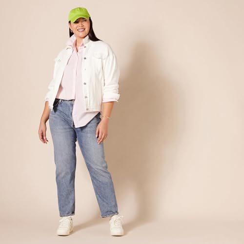 Amazon Essentials Women's Classic-Fit Long-Sleeve Button-Down Poplin Shirt, Pink Stripe, Large