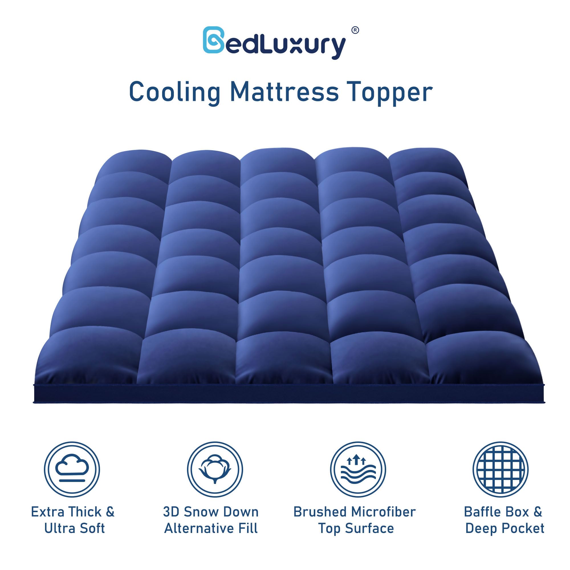 BedLuxury Full XL Mattress Topper Extra Thick Cooling Mattress Cover Pad for Back Pain Quilted Pillow Top Protector Plush Soft with 8-21 Inch Deep Pocket - Navy Blue
