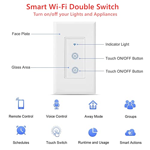 Nexete Smart Wi-Fi Double Light Switch, 2 in1 Single Pole Switch Compatible with Alexa Google Assistant & IFTTT,Remote Control, Timing Function No Hub Required (1-Pack Double Smart Switch)