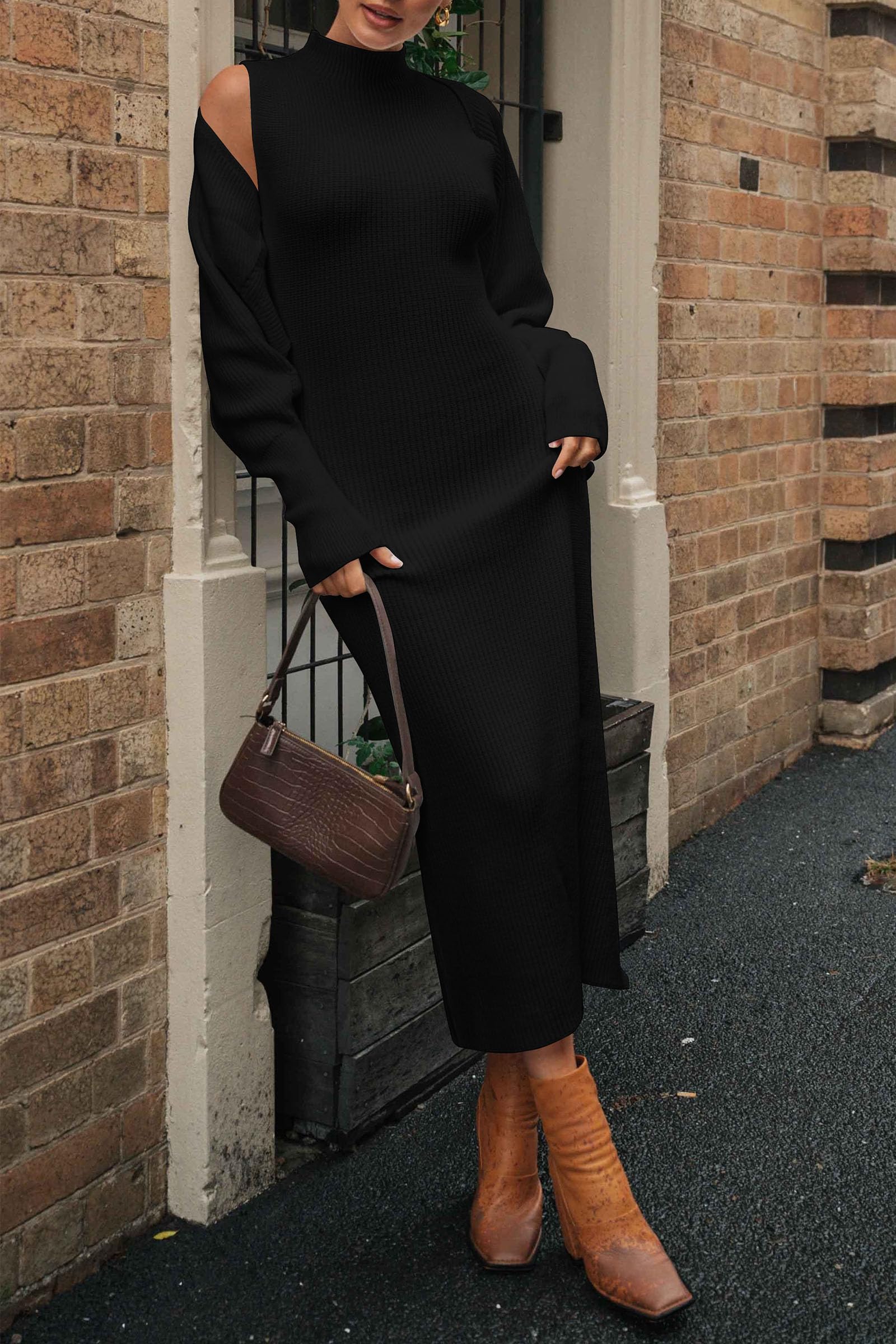 PRETTYGARDEN Womens Fall 2 Piece Outfits Bodycon Maxi Tank Pullover Sweater Dress and Long Sleeve Cropped Cardigan Knit Sets (Black,Large)