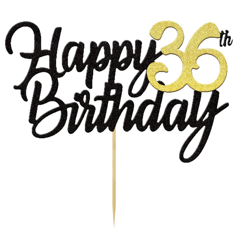 Happy 36th Birthday Cake Toppers Glitter 36th Anniversary Cake Topper 36 Years Loved Bday Decorations 36 Gold Birthday Cake Decorations Thirty-six Party Supplies for Women Men(Black Gold)