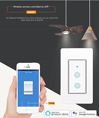 Nexete Smart Wi-Fi Double Light Switch, 2 in1 Single Pole Switch Compatible with Alexa Google Assistant & IFTTT,Remote Control, Timing Function No Hub Required (1-Pack Double Smart Switch)