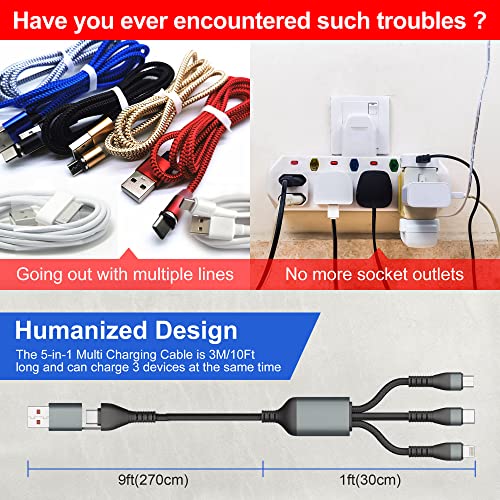 100W USB C Multi Charging Cable 3M/10Ft [Apple MFi Certified]5-in-1 USB A/USB C to Micro USB+Lightning+Type C Fast Charging Cable,Nylon Braided Universal Charging Cable for Android/iPhone/Laptop/i Pad