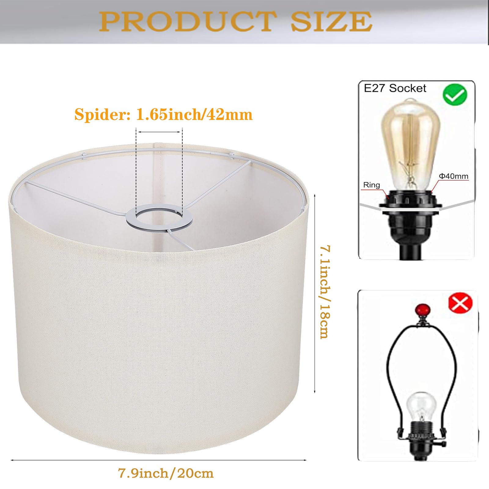 Drum Lamp Shade, Natural Round Linen Lamp Shades for Floor Lamp Replacement, Small Fabric Cylinder Decorative Lampshade with E27 Adapters for Table Lamp Bedside Lamp Chandeliers(White)(1.65" Spider)