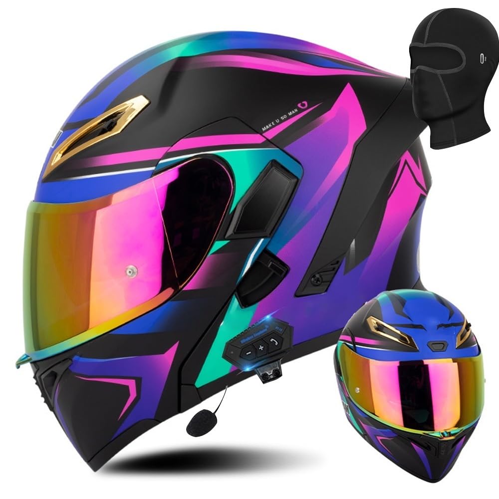 Bluetooth Modular Motorcycle Helmet DOT Approved Flip Up Full Face Integrated Anti-Fog Double Visor Helmet Street Bike Helmet Built-in Dual Speaker with Microphone for Adults Men and Women (Color : A