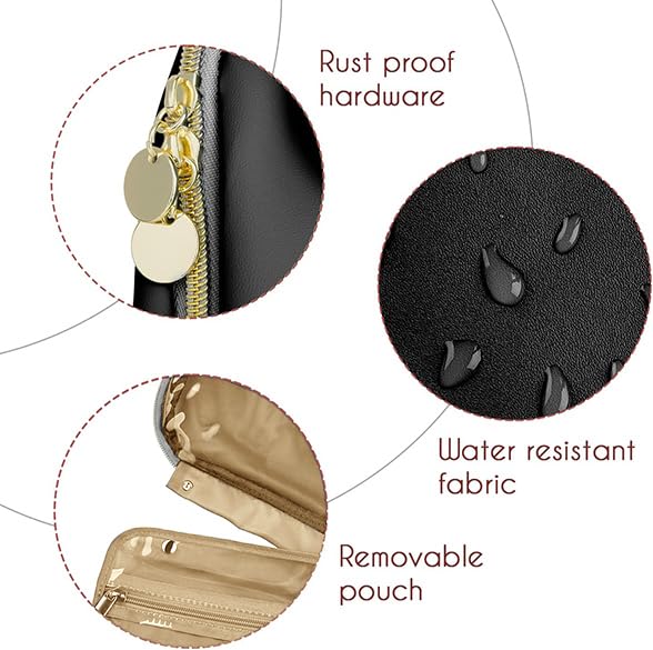 Chandelli Travel Toiletry Bag for Women with 4 Inner Pockets, Gold Accents & Hook, Waterproof, Black, Medium