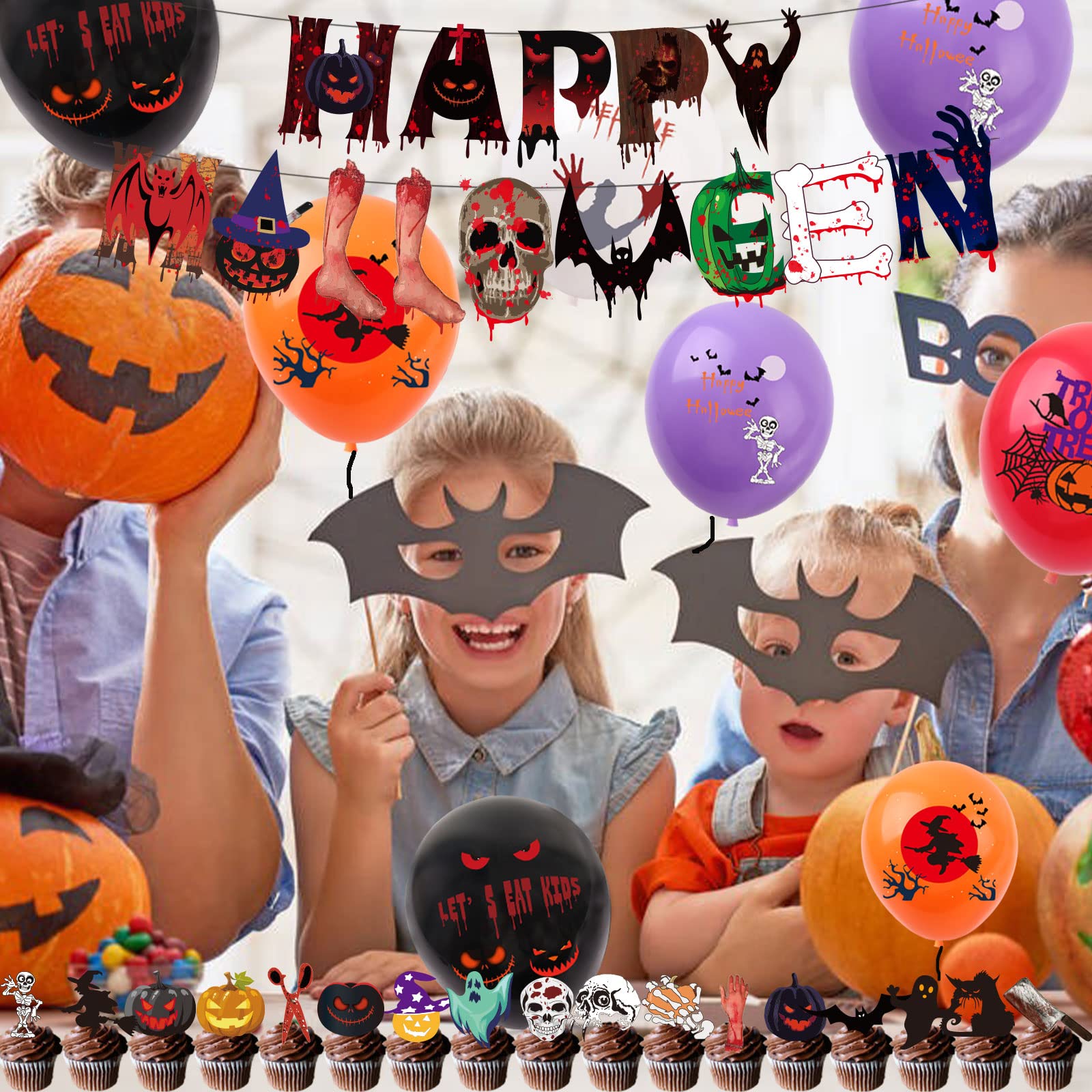 Halloween Balloon Pull Flag Insert Set of 36, 15 Black Orange Purple Halloween Balloon Decorations with Confetti Balloon Skeleton Bat Ghost Pull Flag, Halloween Theme Birthday Party Supplies
